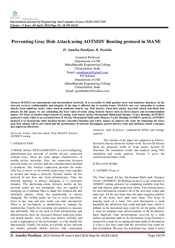 (PDF) Preventing Gray Hole Attack using AOTMDV Routing protocol in MANE
