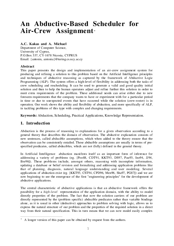 (PDF) An abductive-based scheduler for air-crew assignment | Antonis Kakas - Academia.edu