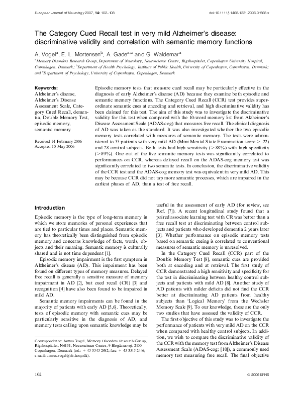 (PDF) The Category Cued Recall test in very mild Alzheimer's disease ...