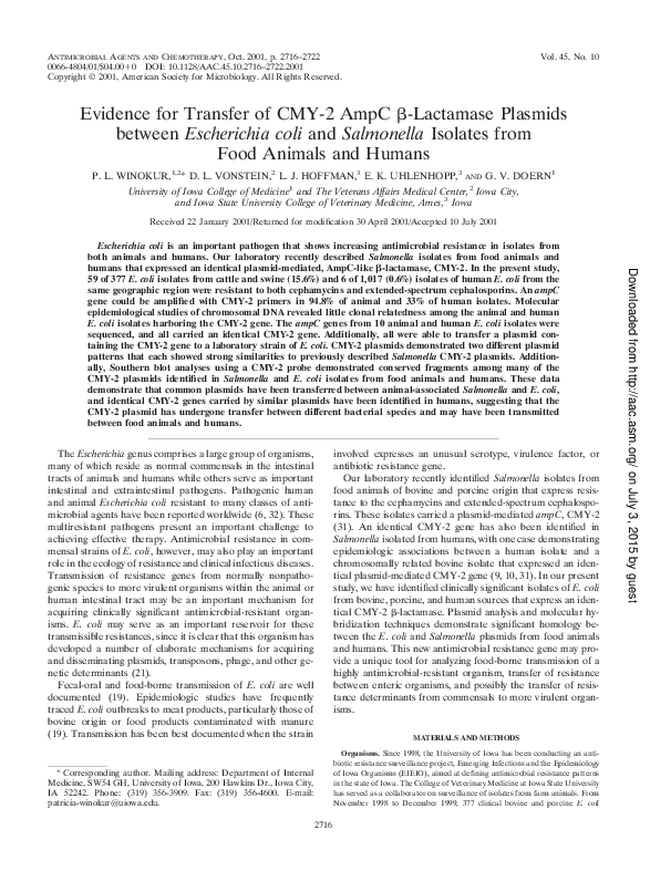 (PDF) Evidence for Transfer of CMY-2 AmpC -Lactamase Plasmids between Escherichia coli and ...
