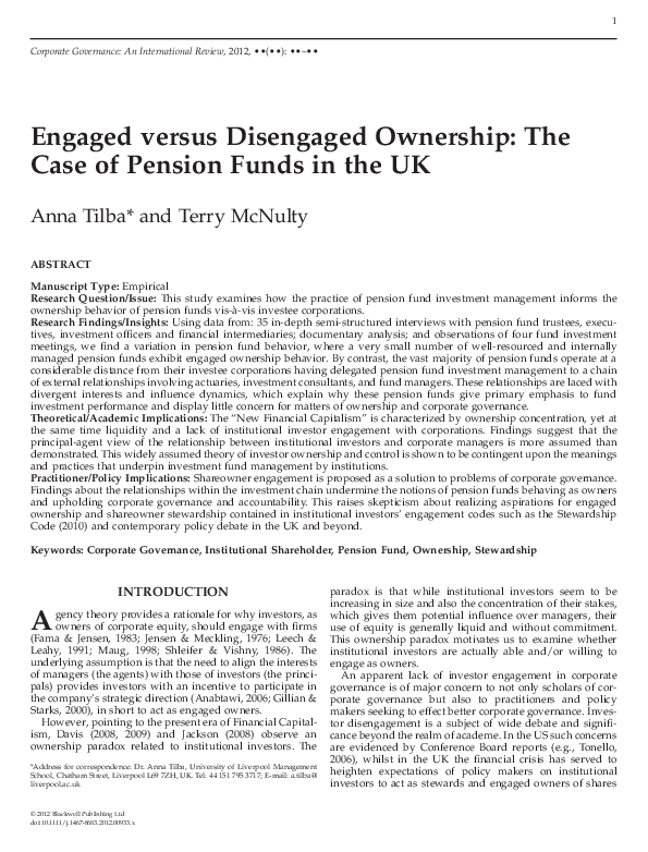 (PDF) Engaged versus Disengaged Ownership: The Case of Pension Funds in ...