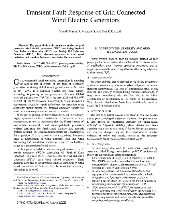 (PDF) Transient Fault Response of Grid Connected Wind Electric Generators