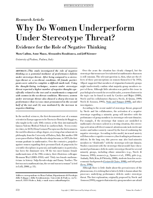 (PDF) Why Do Women Underperform Under Stereotype Threat?