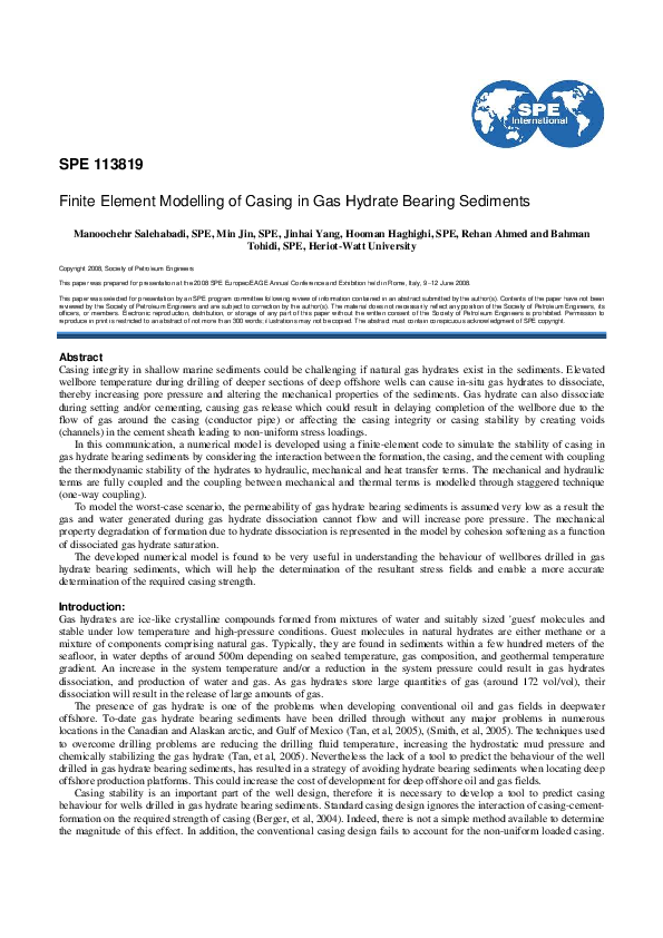 (PDF) Finite Element Modelling of Casing in Gas Hydrate Bearing Sediments