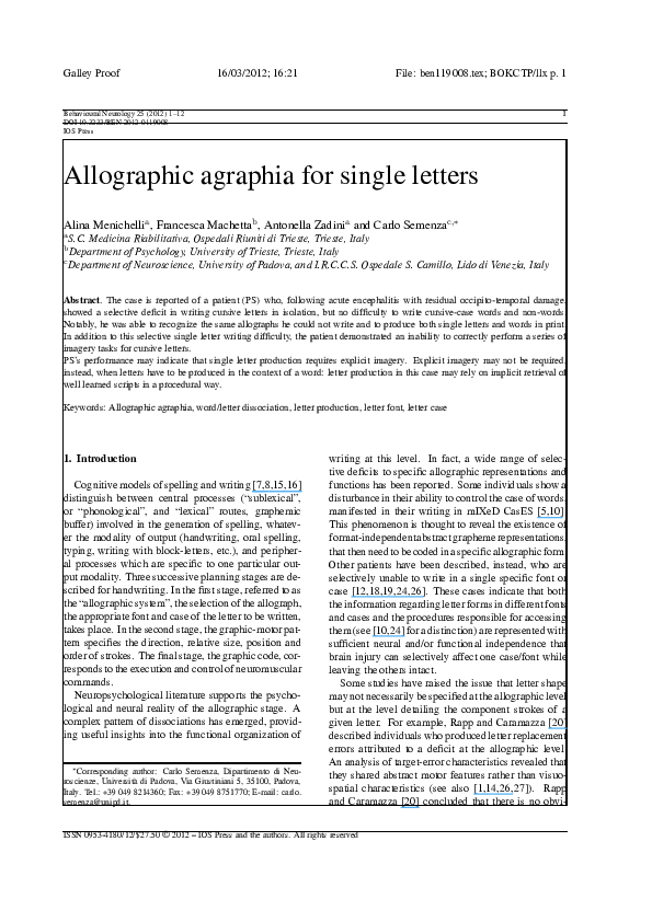 (PDF) Allographic Agraphia for Single letters