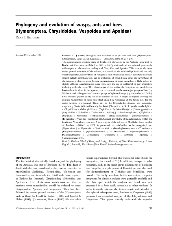 (PDF) Phylogeny and evolution of wasps, ants and bees (Hymenoptera ...