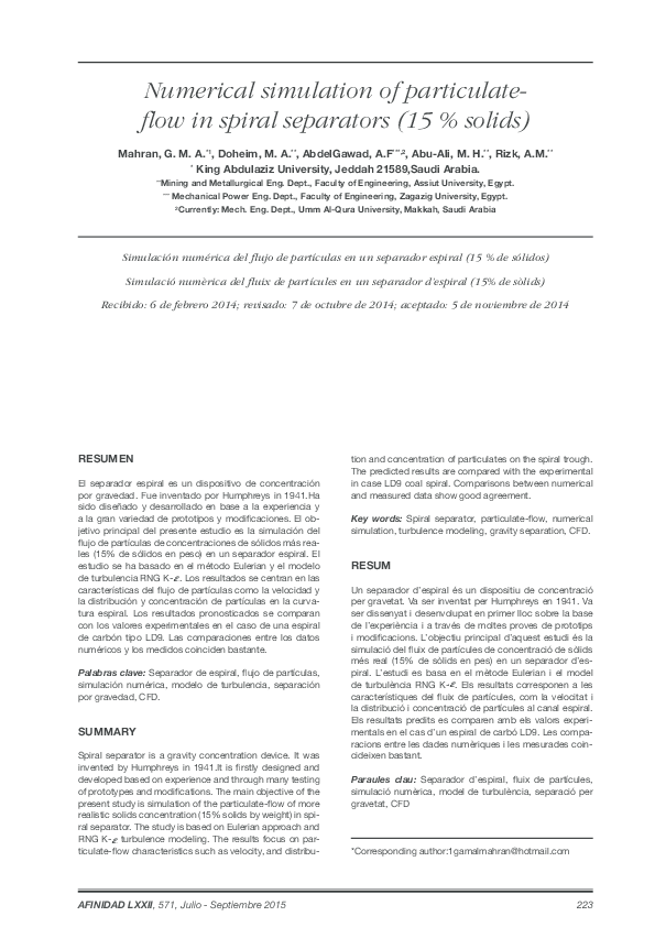 Pdf Numerical Simulation Of Particulate Flow In Spiral Separators 15