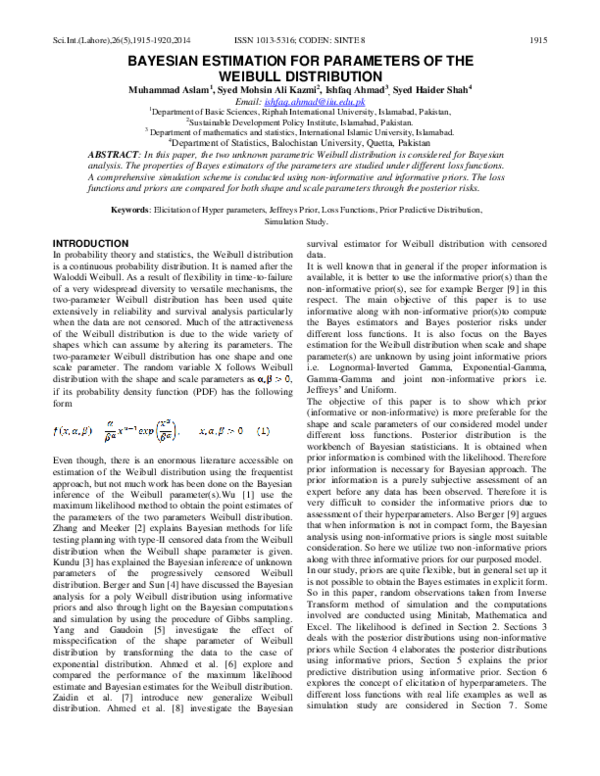 Pdf Bayesian Estimation For Parameters Of The Weibull Distribution