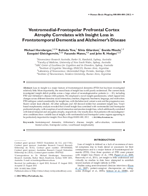 (PDF) Ventromedial‐frontopolar prefrontal cortex atrophy correlates ...