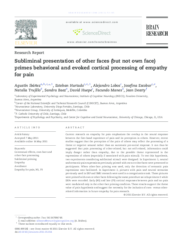 (PDF) Subliminal presentation of other faces (but not own face) primes ...