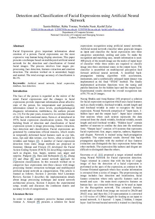(PDF) Detection and Classification of Facial Expressions using Artificial Neural Network
