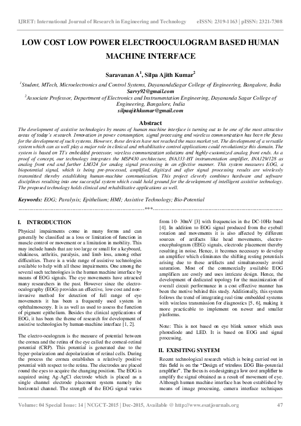 (PDF) LOW COST LOW POWER ELECTROOCULOGRAM BASED HUMAN MACHINE INTERFACE | eSAT Journals ...