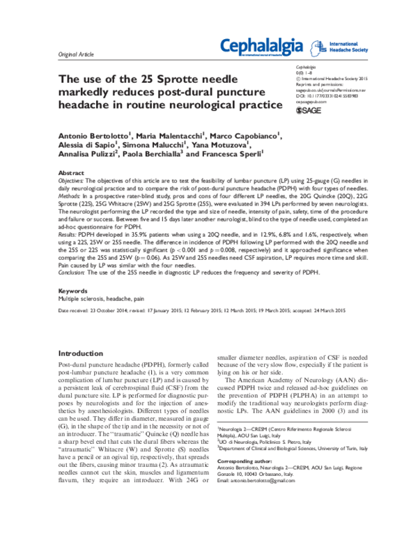 (PDF) The use of the 25 Sprotte needle markedly reduces post-dural ...