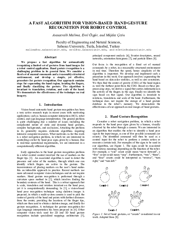 Pdf A Fast Algorithm For Vision Based Hand Gesture Recognition For Robot Control