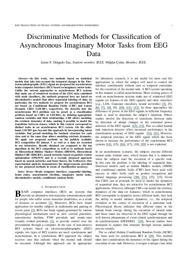 Pdf Discriminative Methods For Classification Of Asynchronous Imaginary Motor Tasks From Eeg Data