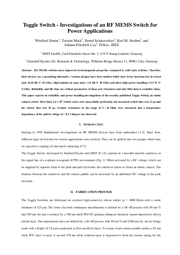 (PDF) Toggle switch: investigations of an RF MEMS switch for power applications
