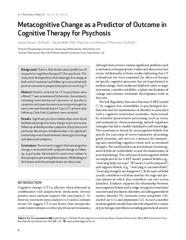 (PDF) Metacognitive change as a predictor of outcome in cognitive therapy for psychosis