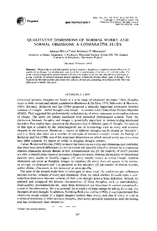 (PDF) Qualitative dimensions of normal worry and normal obsessions: A ...