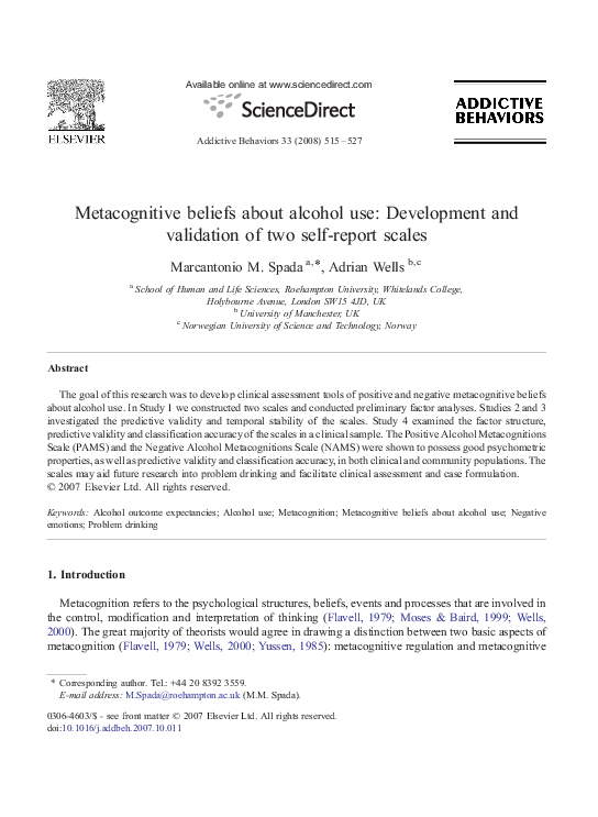 Pdf Metacognitive Beliefs About Alcohol Use Development And Validation Of Two Self Report Scales