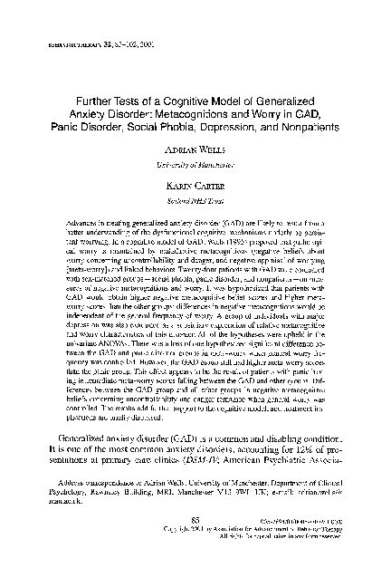 (PDF) Further tests of a cognitive model of generalized anxiety ...