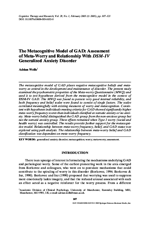 (PDF) The metacognitive model of GAD: Assessment of meta-worry and ...