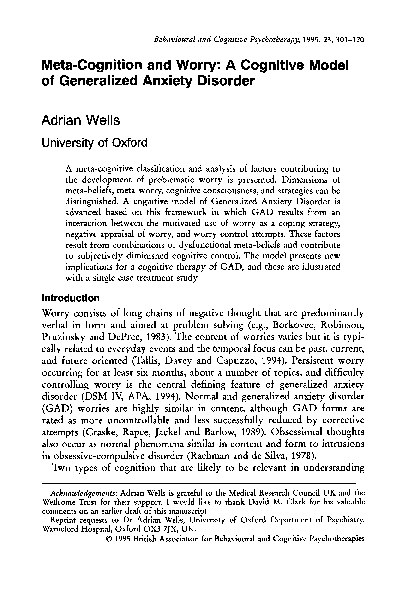 (PDF) Meta-cognition and worry: A cognitive model of generalized ...