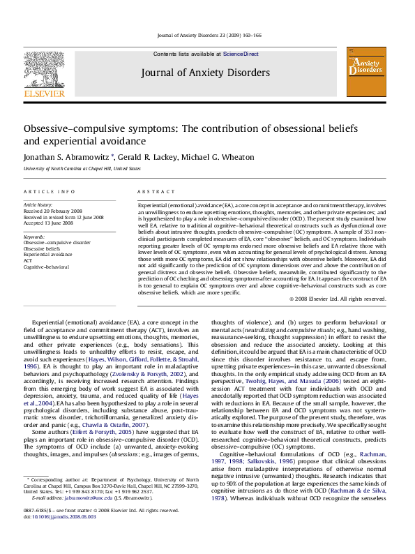 Pdf Obsessive Compulsive Symptoms The Contribution Of Metacognitions And Responsibility