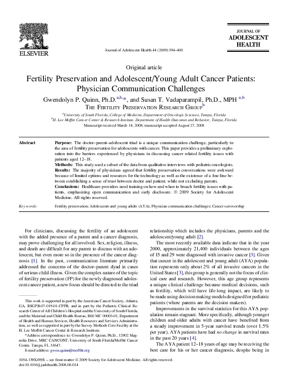 Pdf Fertility Preservation And Adolescent Young Adult Cancer Patients