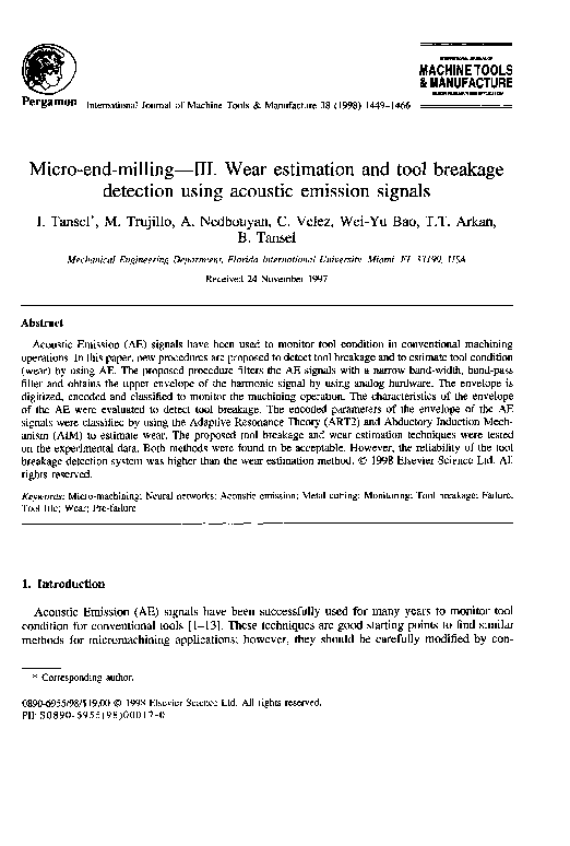 (PDF) Micro-end-milling—III. Wear estimation and tool breakage detection using acoustic emission ...