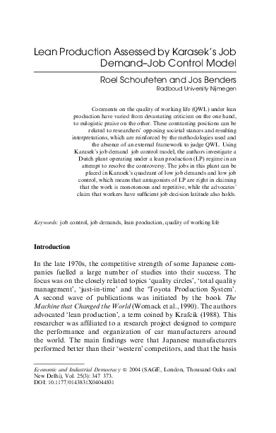 (PDF) Lean Production Assessed by Karasek’s Job Demand–Job Control Model