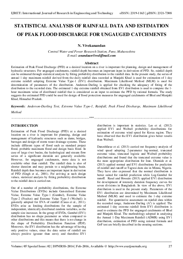 (PDF) STATISTICAL ANALYSIS OF RAINFALL DATA AND ESTIMATION OF PEAK FLOOD DISCHARGE FOR UNGAUGED ...