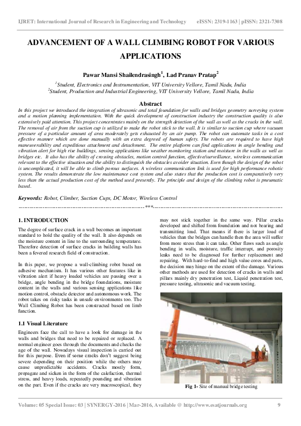 (PDF) ADVANCEMENT OF A WALL CLIMBING ROBOT FOR VARIOUS APPLICATIONS