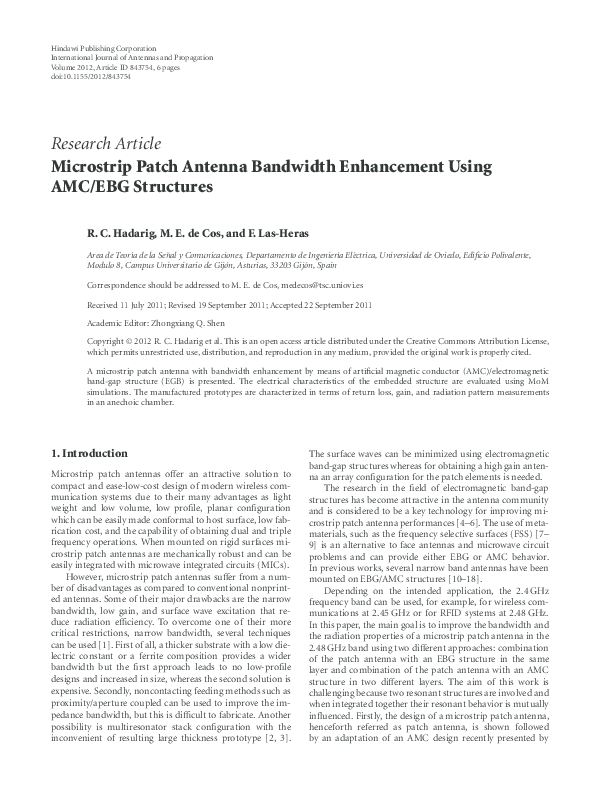 (PDF) Microstrip Patch Antenna Bandwidth Enhancement Using AMC/EBG Structures