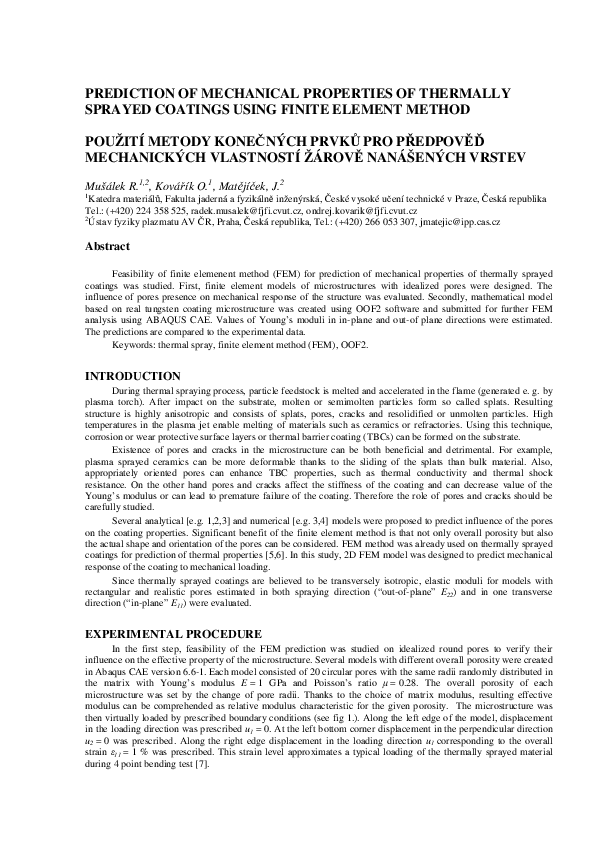 (PDF) Prediction of Mechanical Properties of Thermally Sprayed Coatings Using Finite Element Method