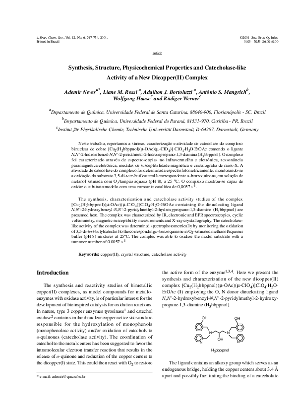 (PDF) Synthesis, Structure, Physicochemical Properties and Catecholase-like Activity of a New ...