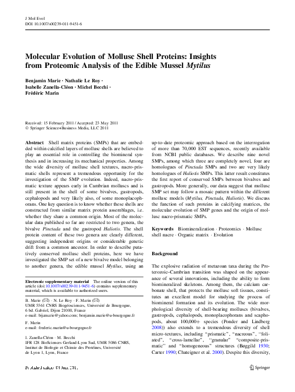 (PDF) Molecular Evolution of Mollusc Shell Proteins: Insights from ...