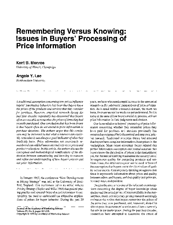 (PDF) Remembering versus Knowing: Issues in Buyers' Processing of Price ...