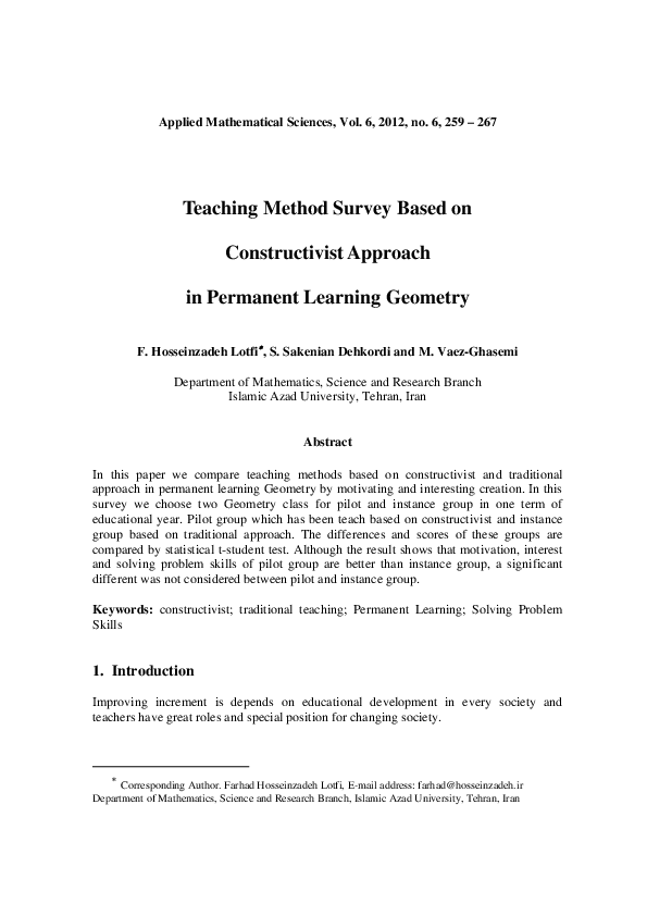 (PDF) Teaching Method Survey Based on Constructivist Approach in Permanent Learning Geometry