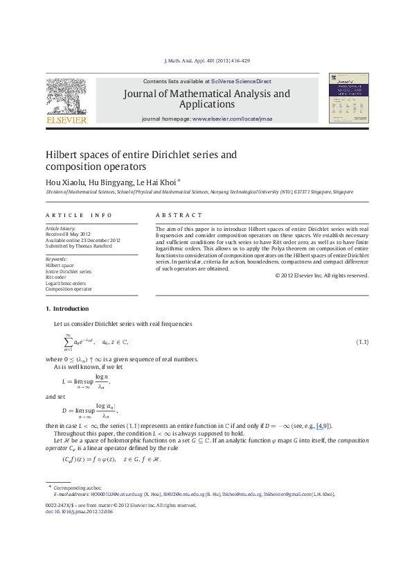 Pdf Hilbert Spaces Of Entire Dirichlet Series And Composition Operators