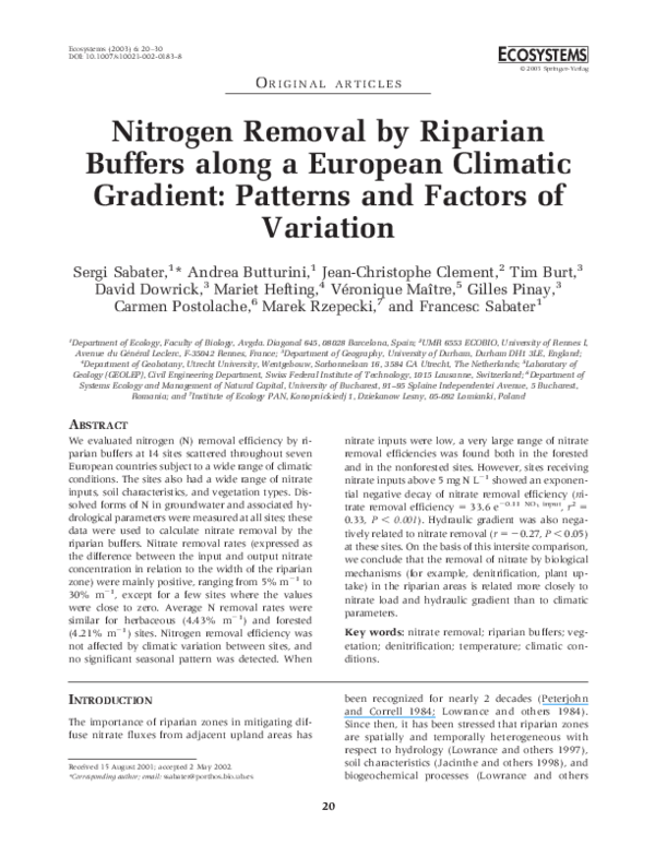 (PDF) Nitrogen Removal by Riparian Buffers along a European Climatic Gradient: Patterns and ...
