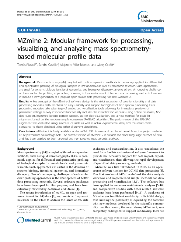 (PDF) MZmine 2: Modular framework for processing, visualizing, and analyzing mass spectrometry ...