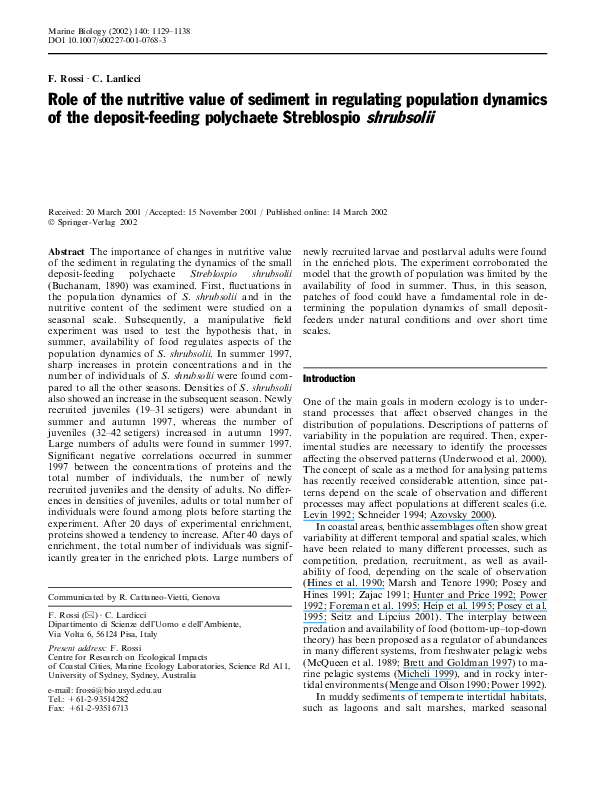 (PDF) Role of the nutritive value of sediment in regulating population ...