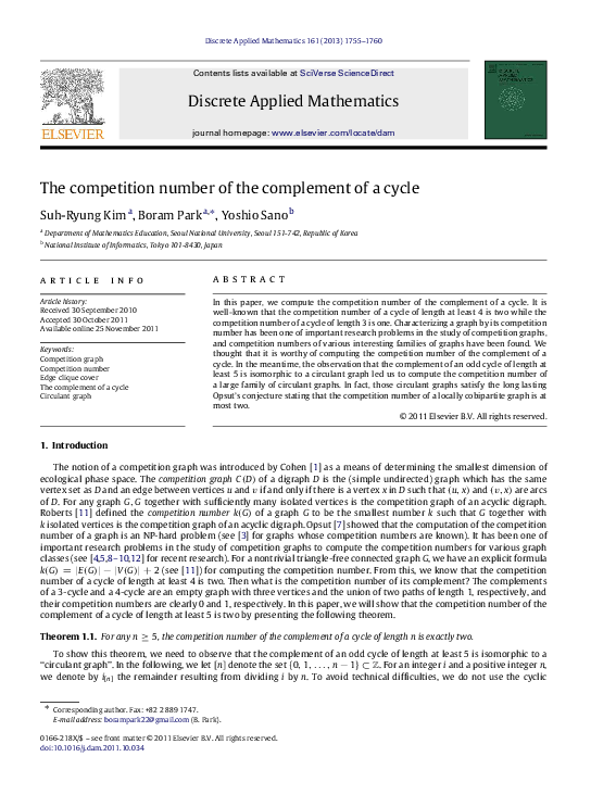 (PDF) The competition number of the complement of a cycle