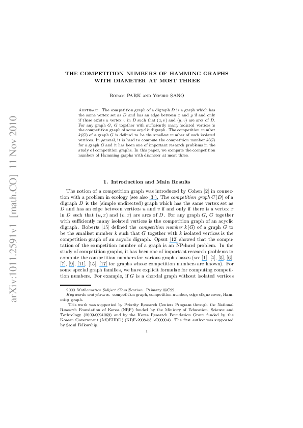 (PDF) The competition numbers of Hamming graphs with diameter at most three