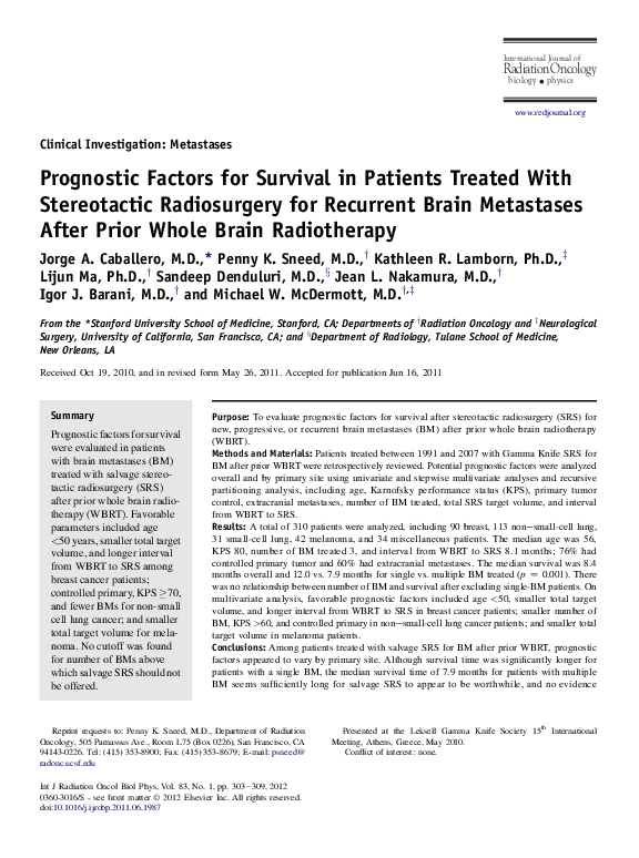 (PDF) Prognostic Factors for Survival in Patients Treated With Stereotactic Radiosurgery for ...