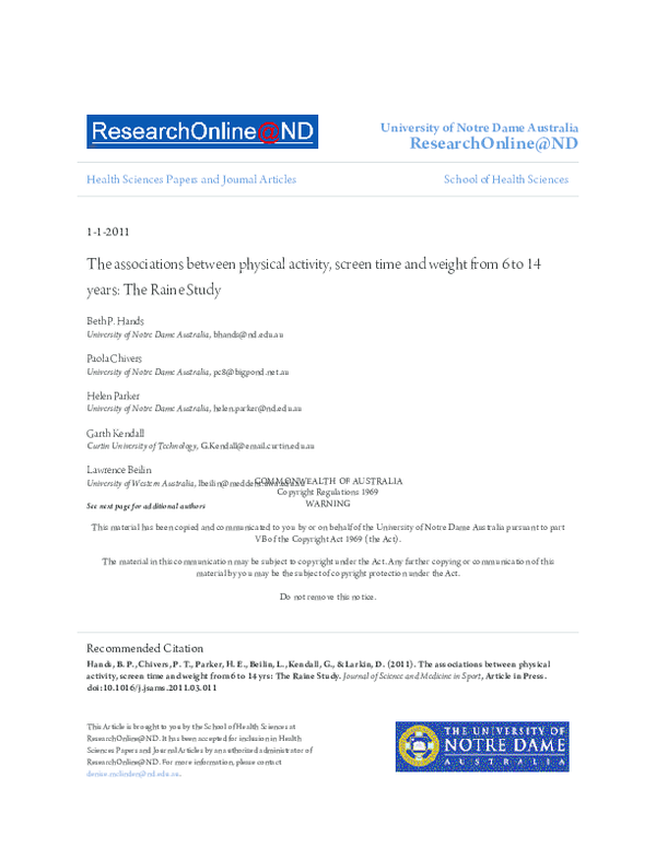 (PDF) Relationship between Physical Activity, Screen Time and Weight ...