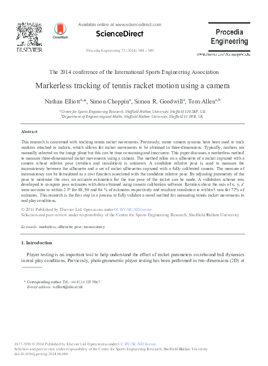(PDF) Markerless Tracking of Tennis Racket Motion Using a Camera