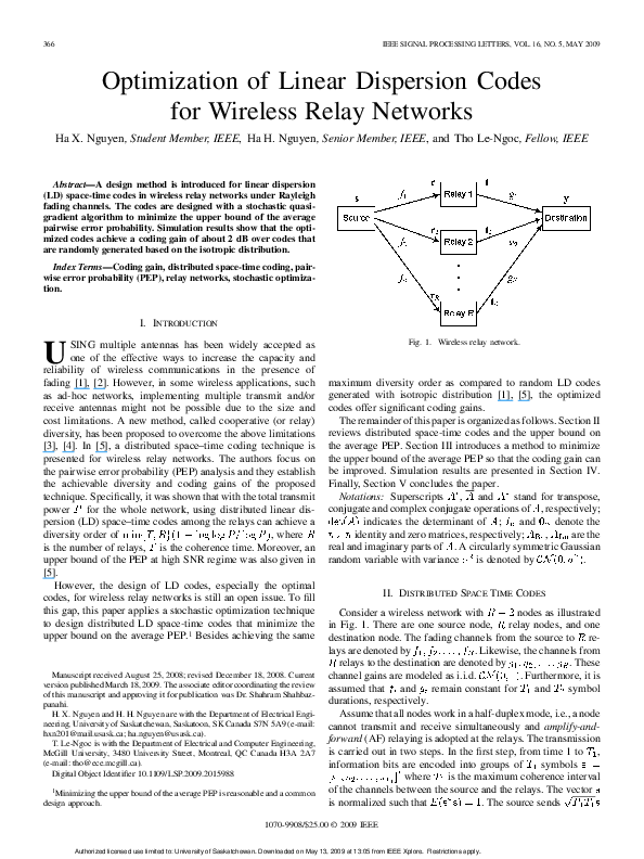 (PDF) Optimization of Linear Dispersion Codes for Wireless Relay Networks