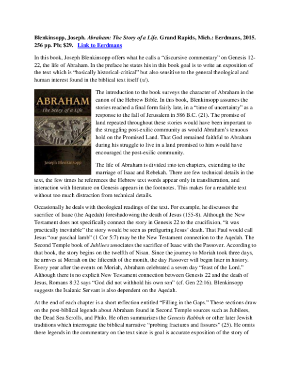 (PDF) Joseph Blenkinsopp, Abraham: The Story of a Life. Grand Rapids ...