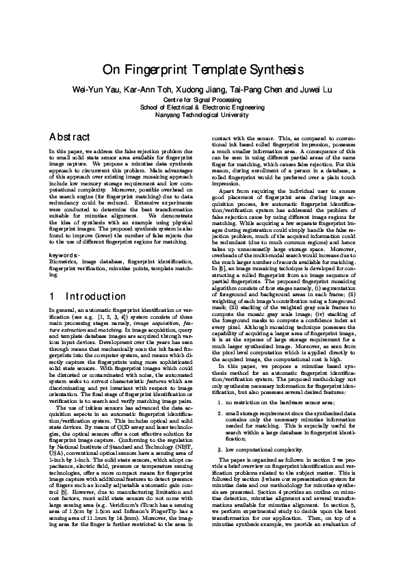 (PDF) On Fingerprint Template Synthesis